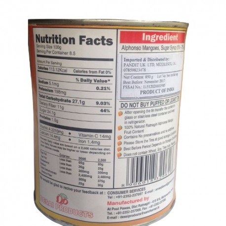 Buy Desai's Alphanso (Hapus) Mango Pulp online in UK, Europe